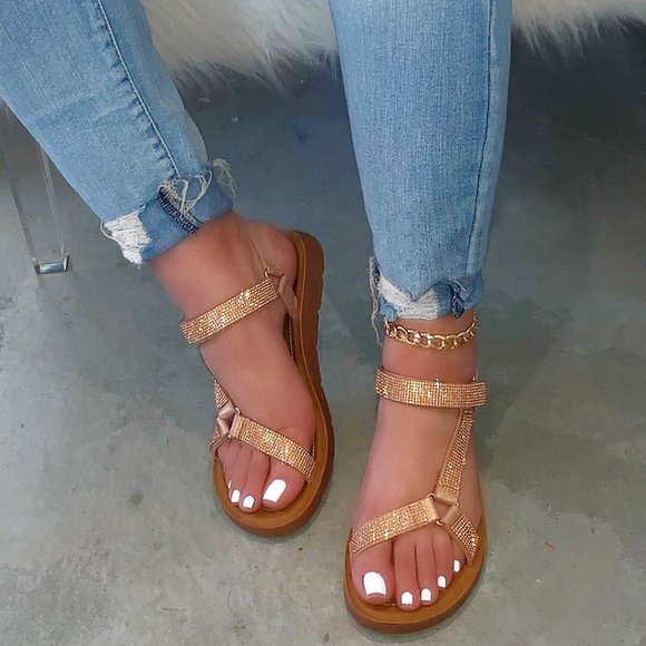 Shoes | New Bling Rose Gold Diamante Open Toe Flat Sandals | Poshmark